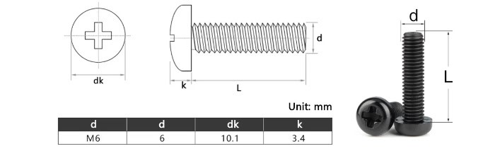 M6 Black Nylon Machine Screw - Phillips Pan Head